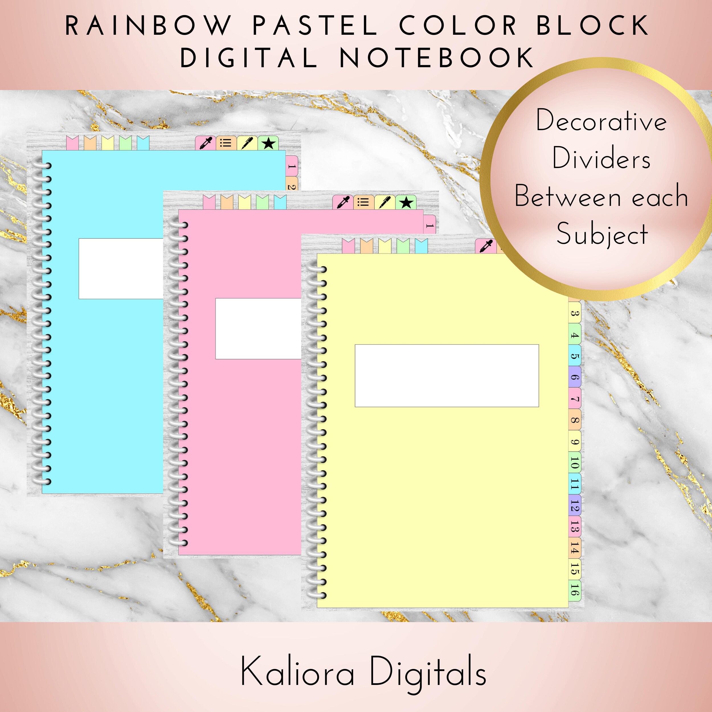 16 Subject rainbow Pastels Color Block Digital Notebook PDF Hyperlinked ...