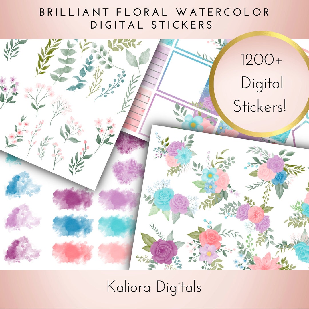 Brilliant Florals Watercolor Digital Planner Stickers | Individual Pngs ...