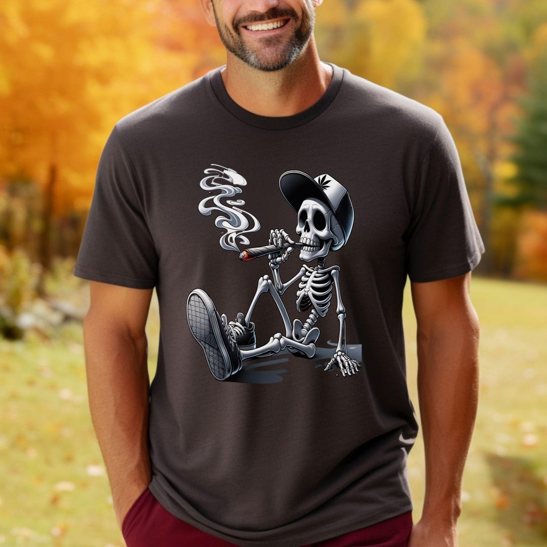 Skeleton Smoking Blunt on Lawn, Funny Skeleton Chill Tee, Humorous Tee, Lazy Bones Graphic Top ...