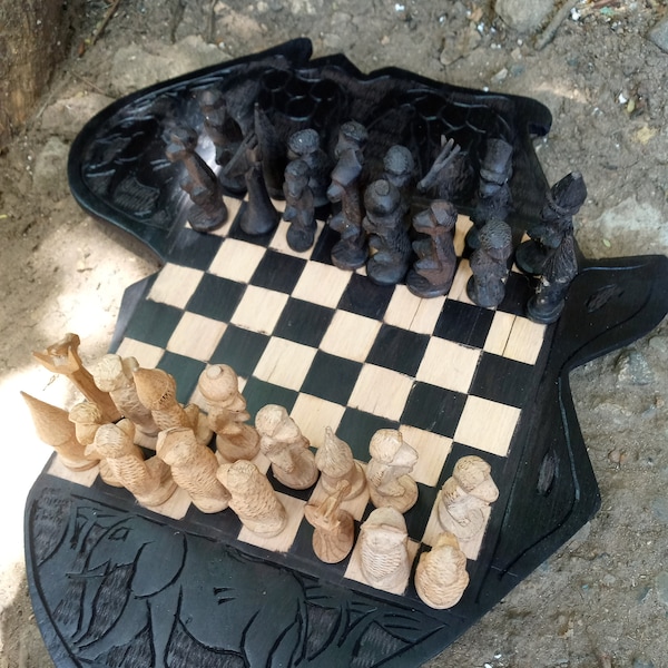Carved Wooden Animal Chess Set - Etsy UK