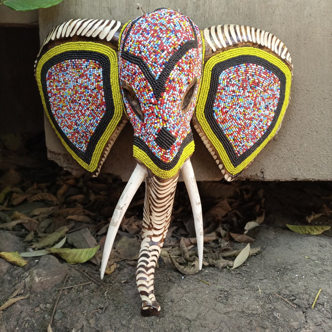 Kamba Tribal Plaque Beaded Elephant Mask Kenya Africa Carving Wall ...