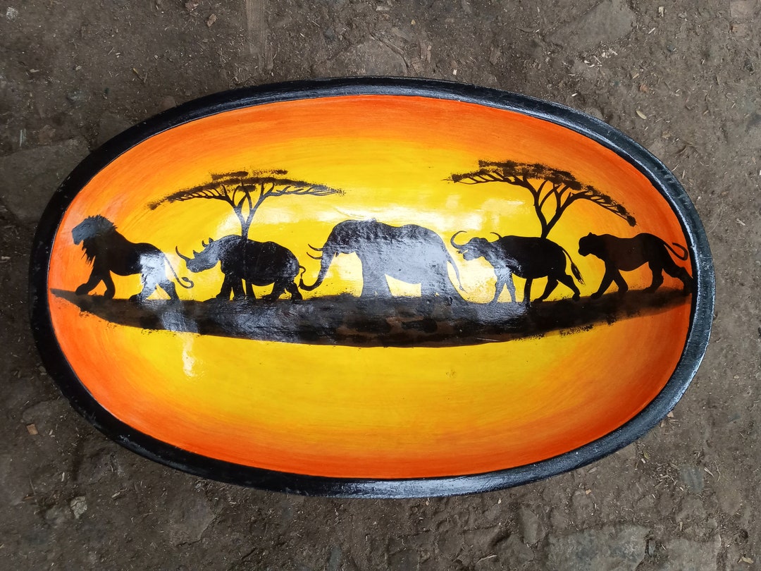 Kamba Tribe "big Five Animals Africa Bowl" Hand Carved Olive Wood ...