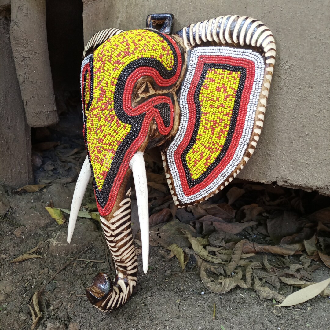 Kamba Tribal Plaque Beaded Elephant Mask Kenya Africa Carving Wall ...