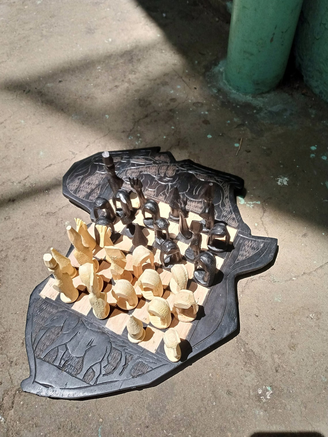 LARGE Solid Black Iron Wood Chess Set Game & Carved Pieces Makonde ...
