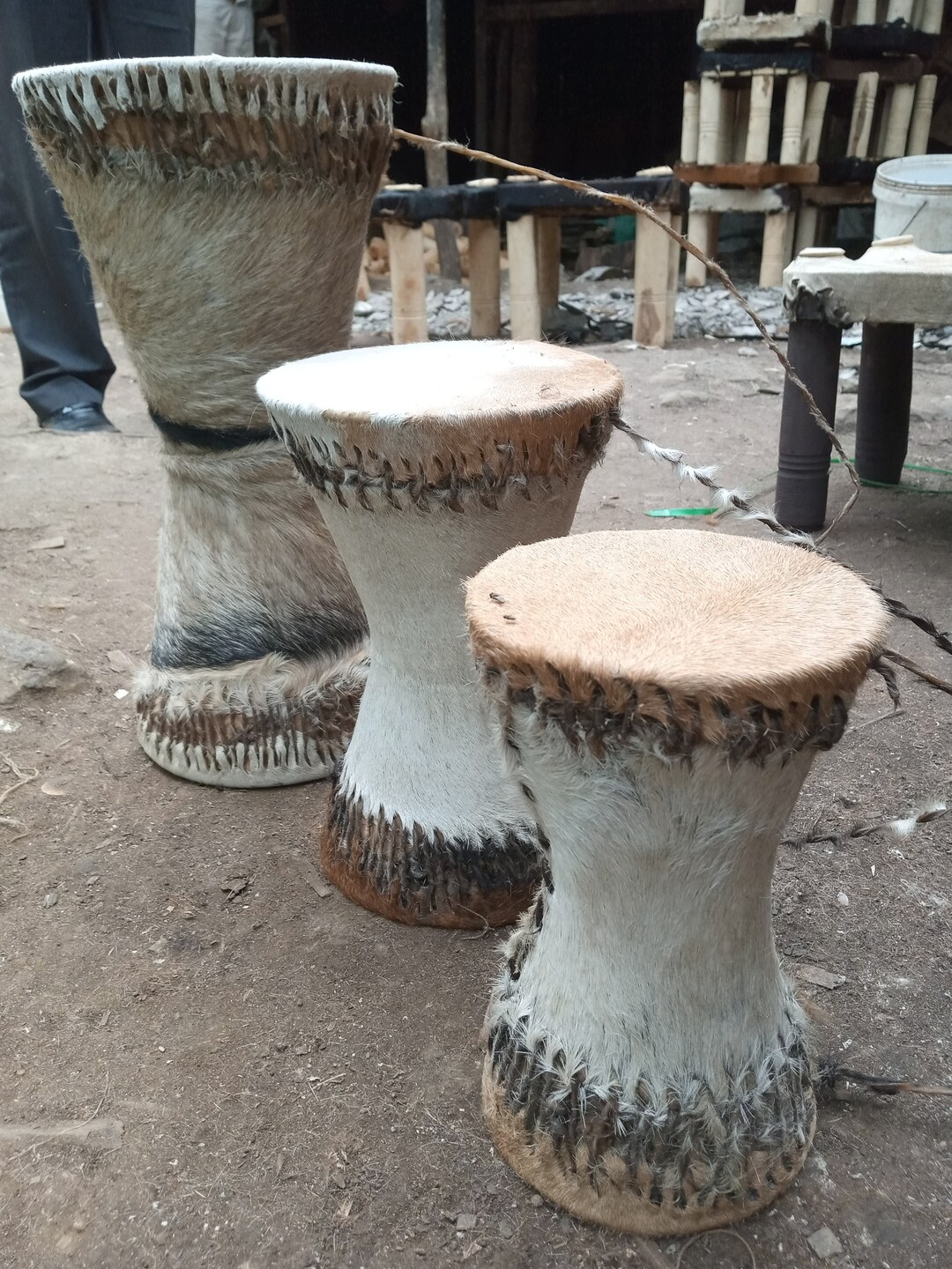 Double Bongo Side Table Drum Original Cowhide Leather Fully Functional ...