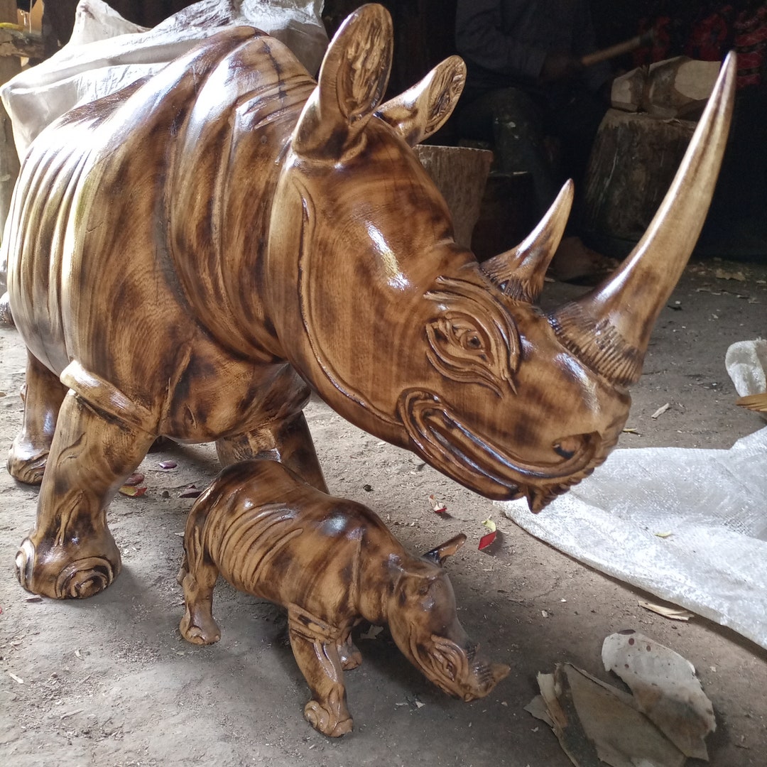 LRG Jacaranda Rhinoceros & Baby Animal Sculpture Statue Original Kamba ...