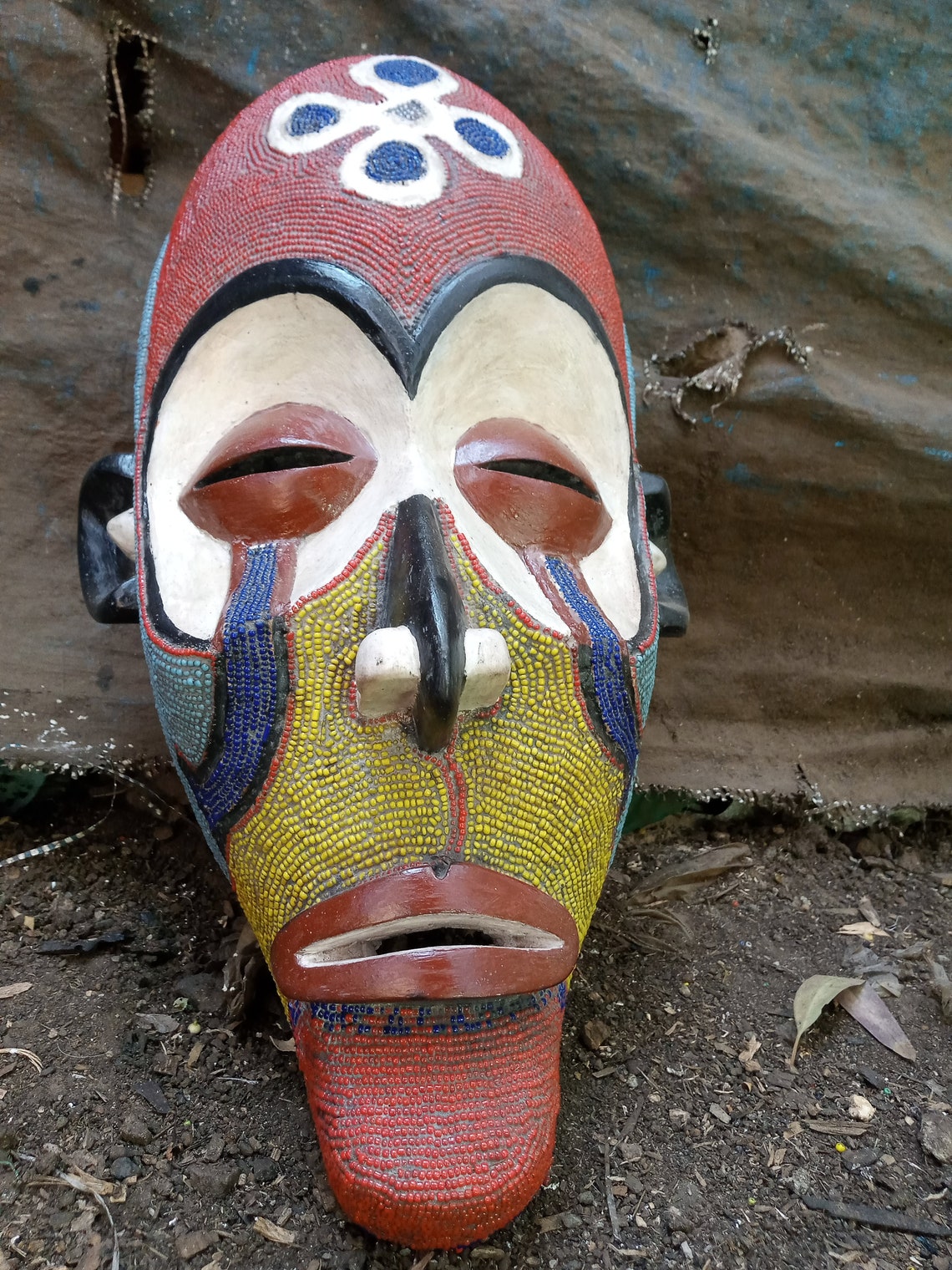 Original Congo Chokwe Tribe Vintage Mask Red White Blue Yellow Beads ...
