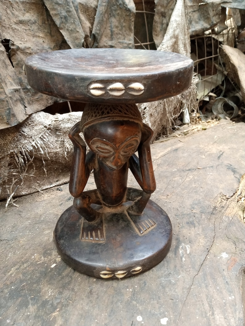 DRC Chokwe Tribe Stool Chair Cowry Shells Solid 1-piece Hardwood ...
