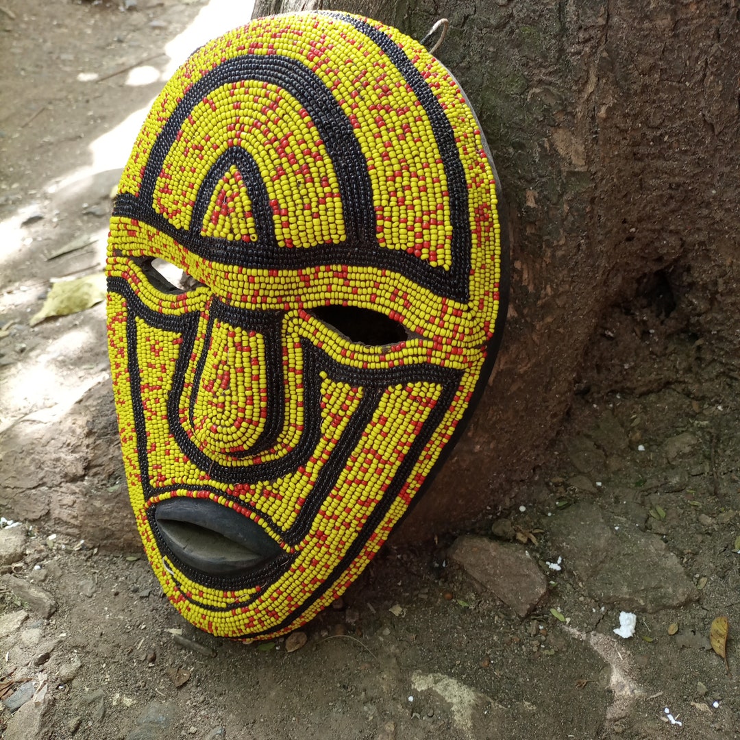 Vintage Congo Beaded Boa Tribe Striped Mask African Large Original Wood ...