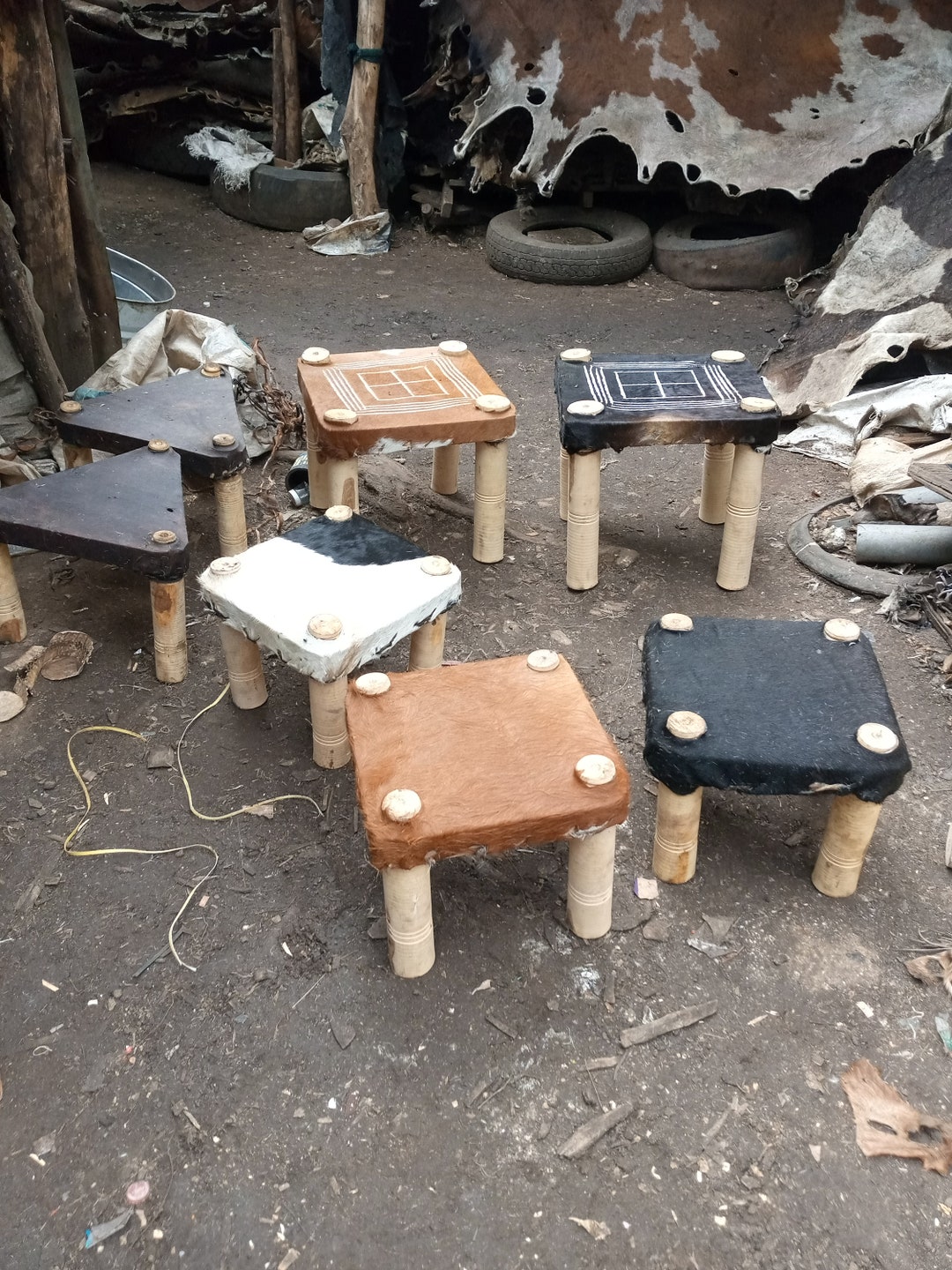 Kenya Kamba Tribe Stool Chair Square Triangle Cowhide Jacaranda Wood ...