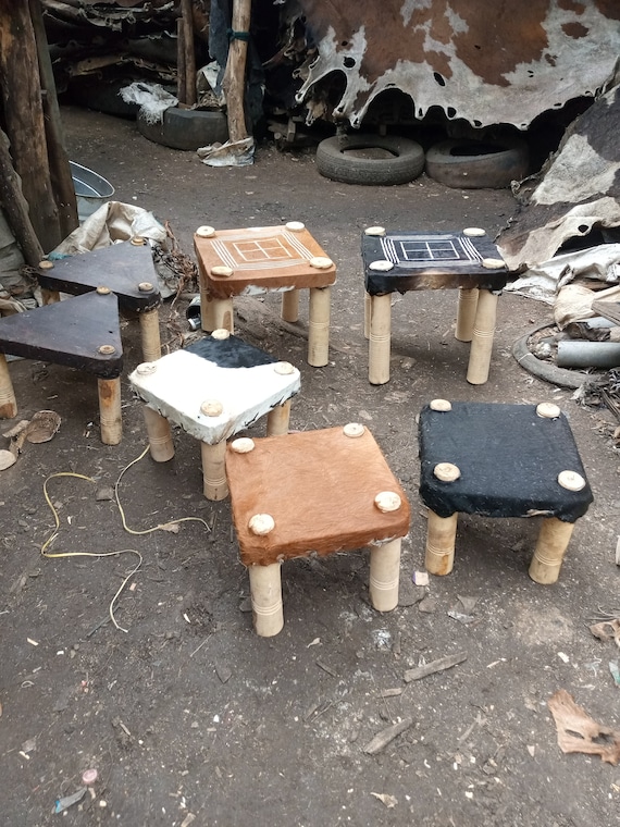 Kenya Kamba Tribe Stool Chair Square Triangle Cowhide | Etsy
