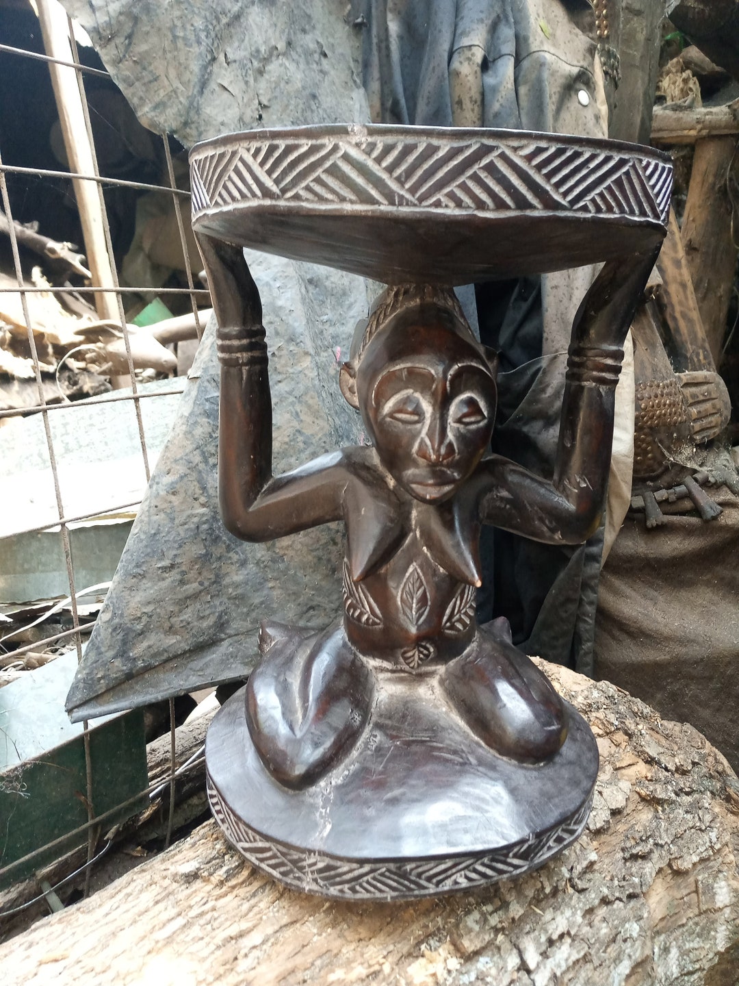 DRC Luba Tribe Stool Chair Solid 1-piece Hardwood African Original Home Furniture Handcarved ...