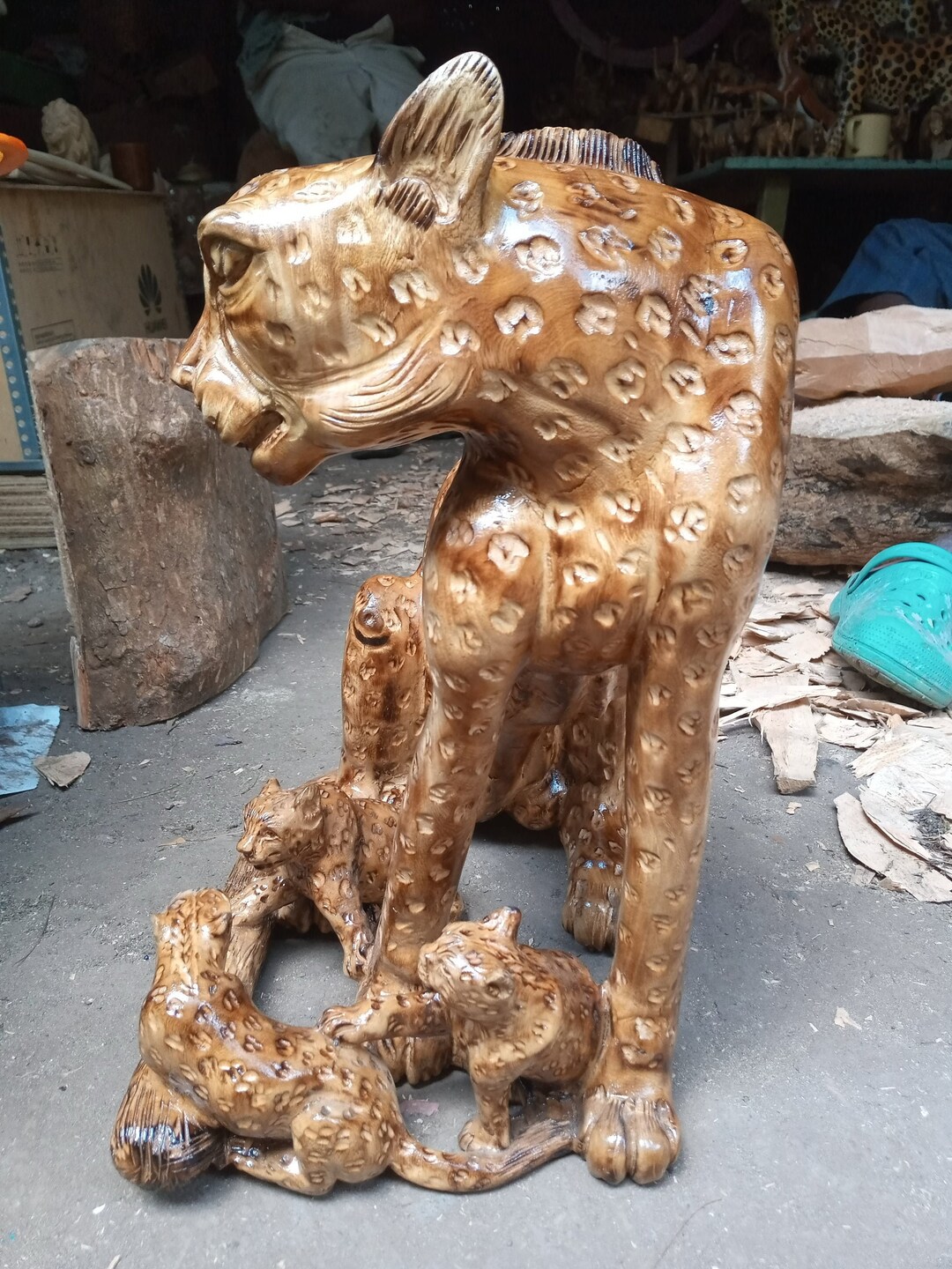 Hardwood Cheetah Mother & Babies Original Kamba Wood Tribal Art Deco Kenya Africa Table Shelf ...