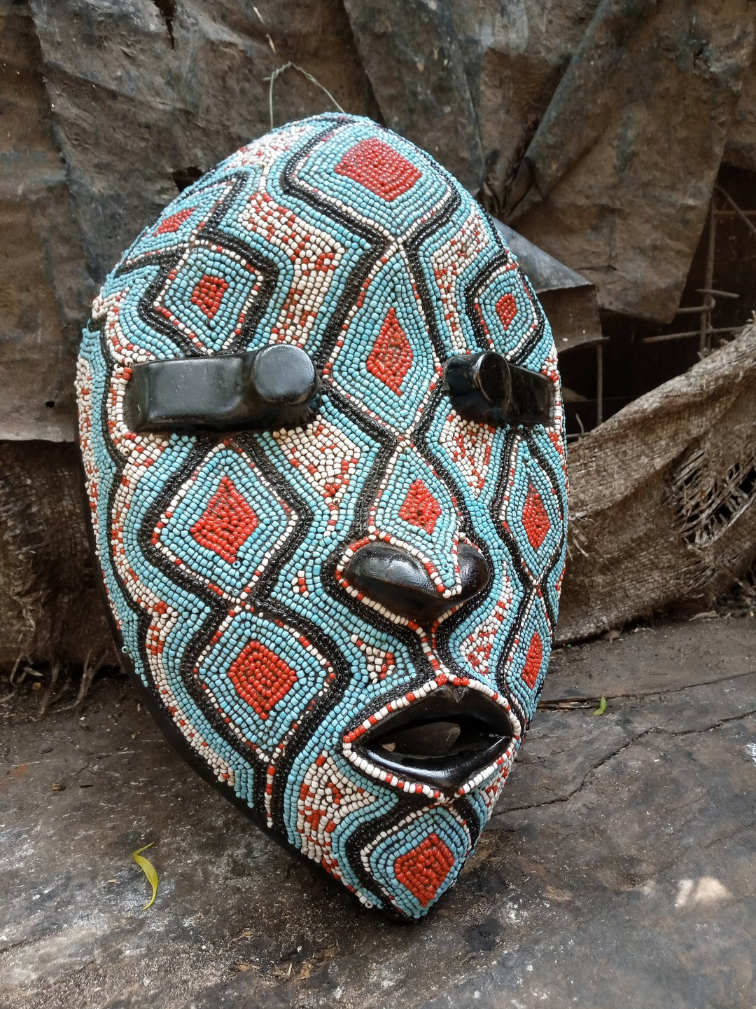 Original DRC Bangweto Tribal Mask Triangles Beads Carved Wood Art ...