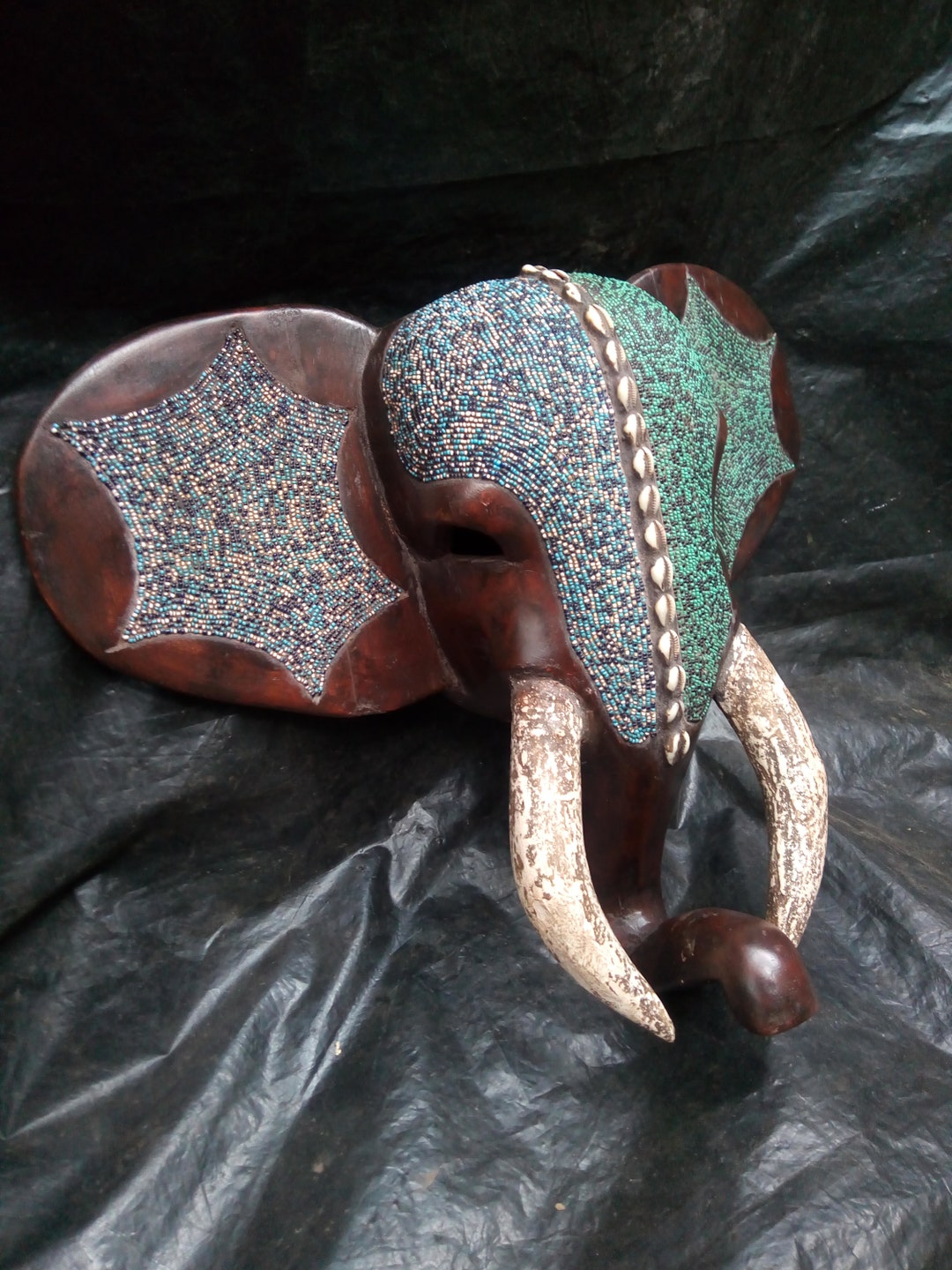 Original Cameroon Tribal Mask African Elephant Beads Cowryshells Wood ...
