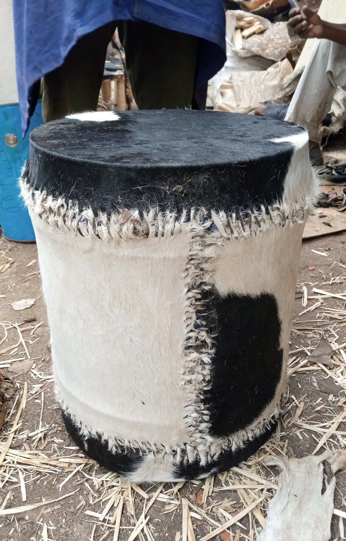 Double Water Drum Side Table Original Cowhide Leather Fully Functional ...