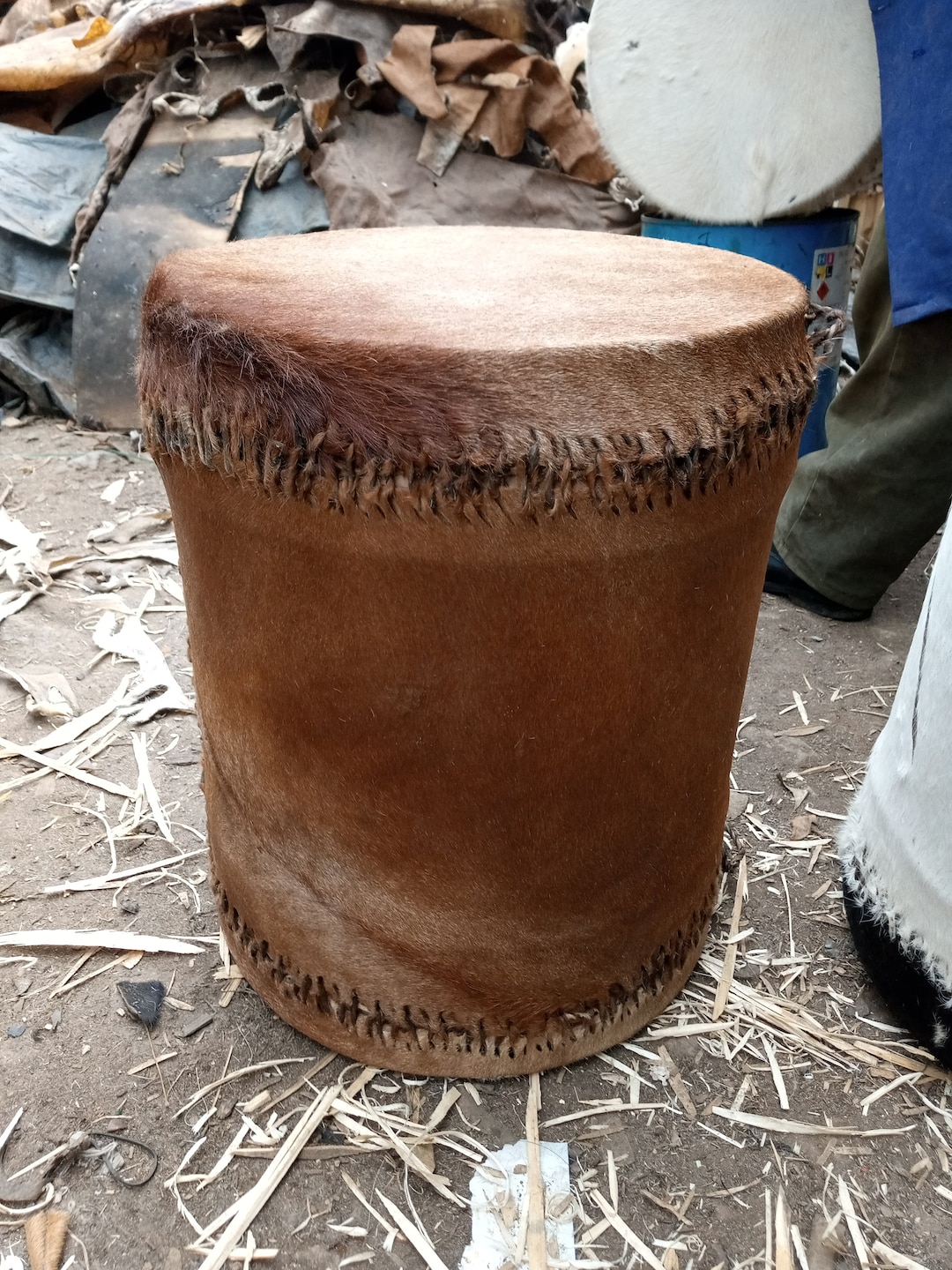 Double Water Drum Side Table Original Cowhide Leather Fully Functional ...