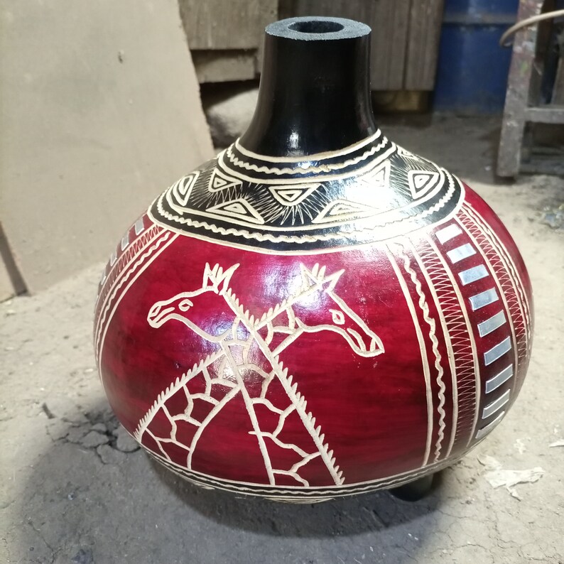 East African Flower Pot Vase Centerpiece Handcarved Gourd Metal Animal ...