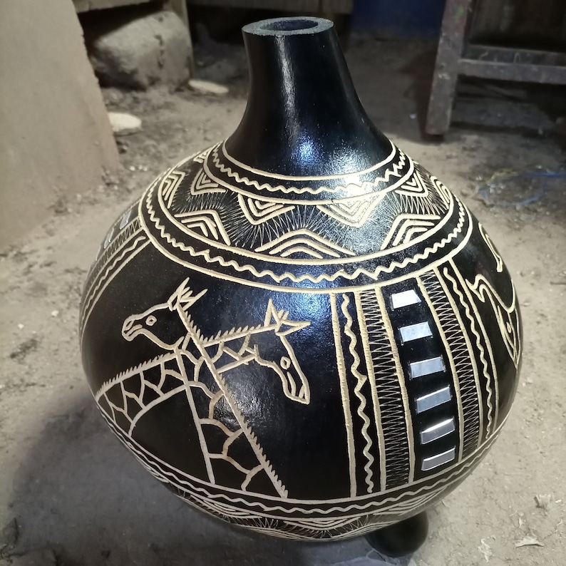 East African Flower Pot Vase Centerpiece Handcarved Gourd Metal Animal ...