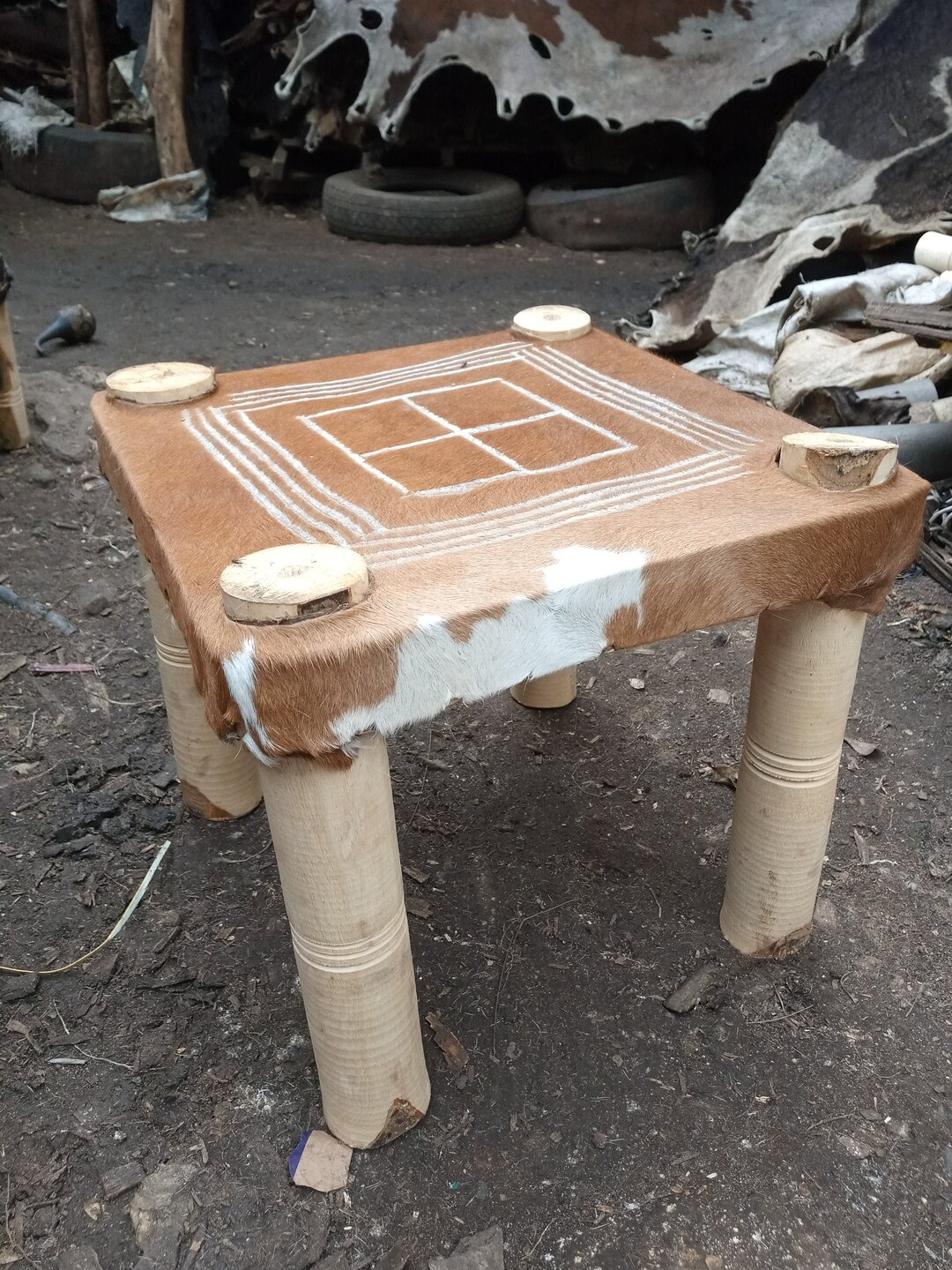 Kenya Kamba Tribe Stool Chair Square Triangle Cowhide Jacaranda Wood ...