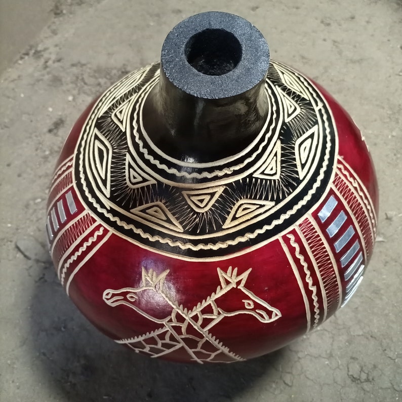 East African Flower Pot Vase Centerpiece Handcarved Gourd Metal Animal ...