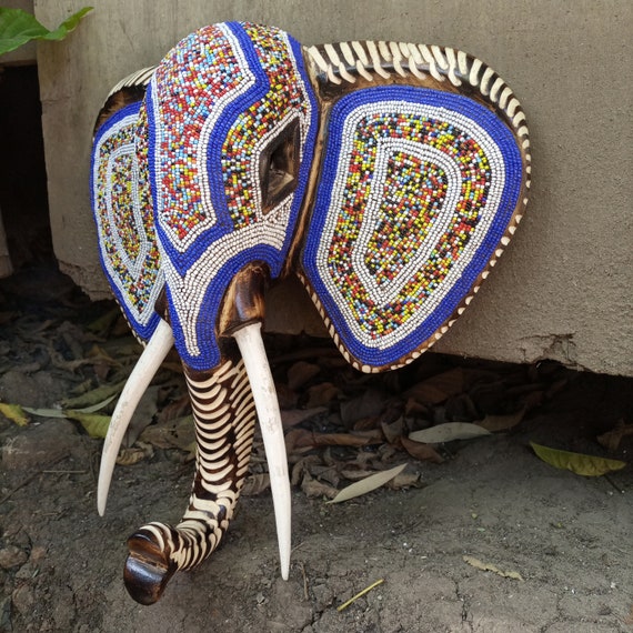 Kamba Tribal Plaque Beaded Elephant Mask Kenya Africa Carving | Etsy