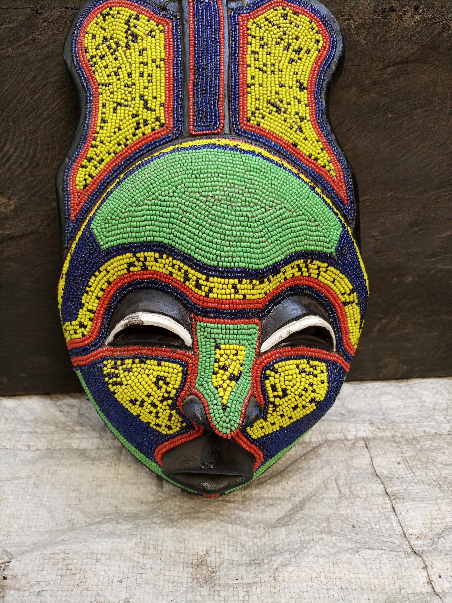 Vintage Aka Tribe Beaded Green Yellow Mask DRC Africa Original | Etsy