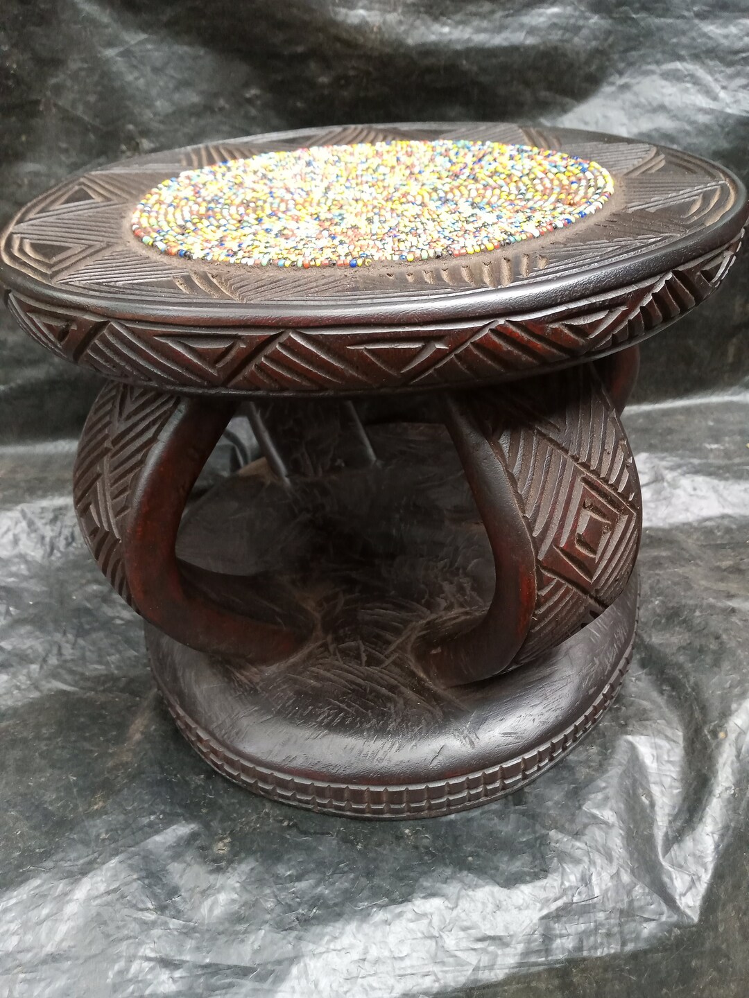 Kusu Tribe DRC Stool Chair 1piece Multicolor Beaded Hardwood African ...