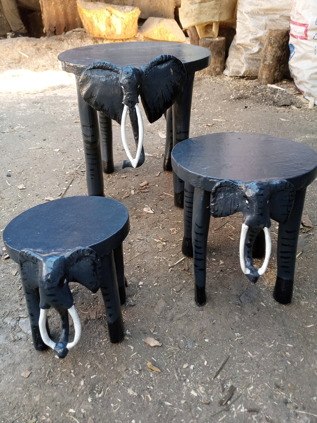Set of 3 Side Table Kids Stools Plant Stands Original African Hardwood ...