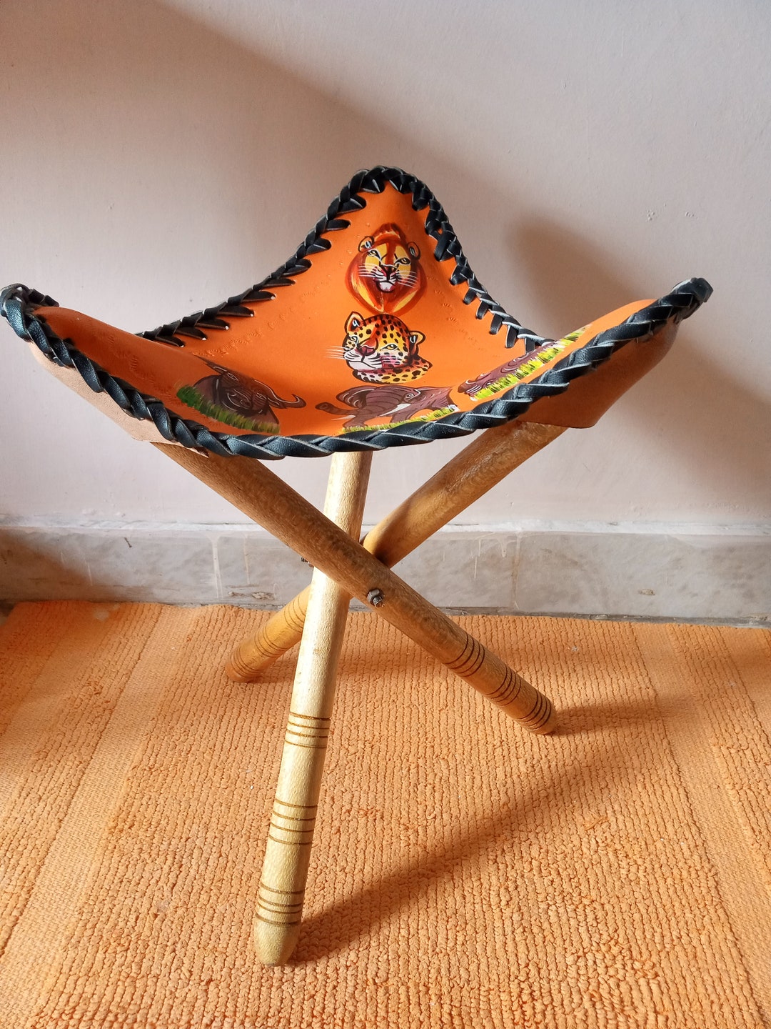 Kenya BIG 5 Animals Folding Stool Chair Cowhide Leather Jacaranda Wood ...