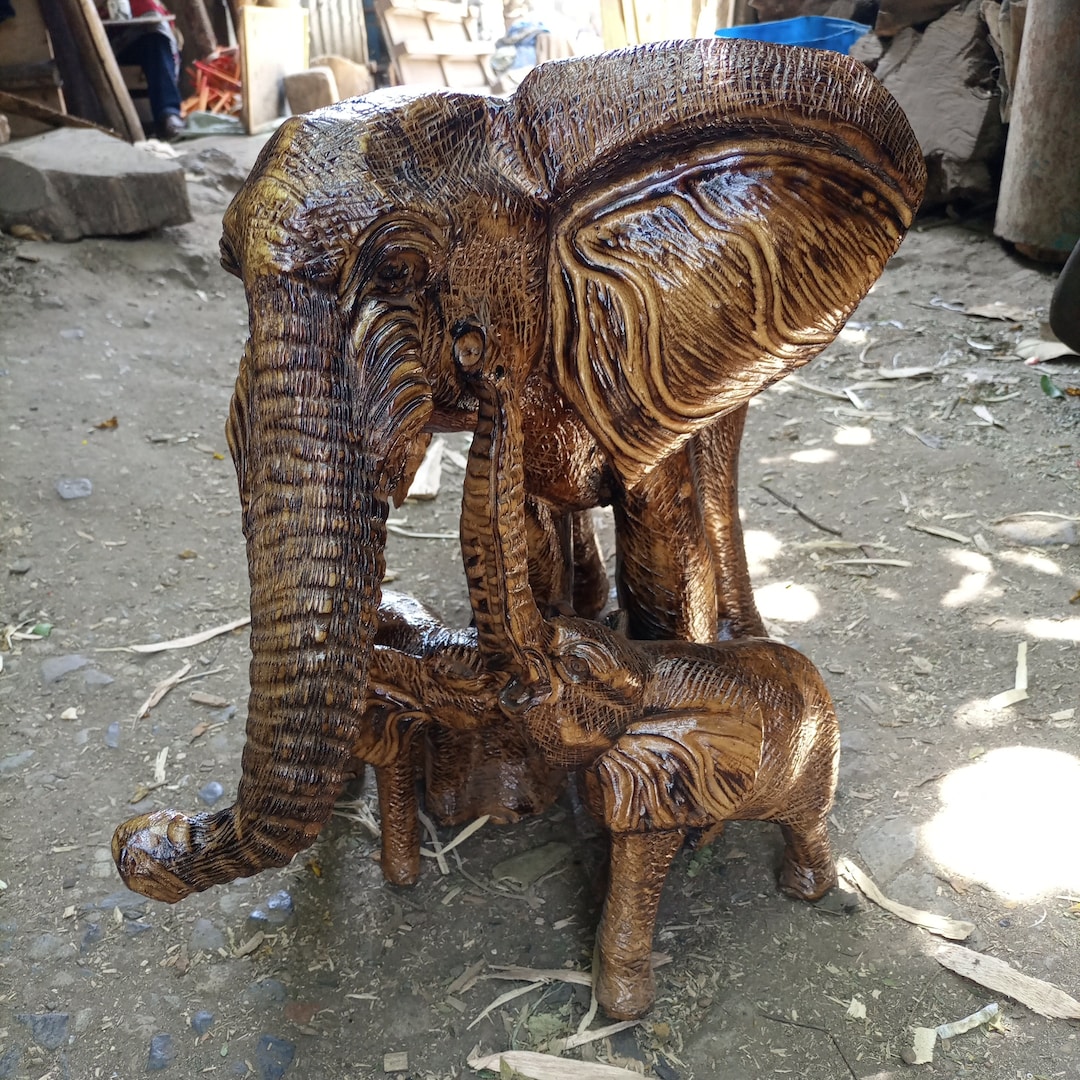 Elephant & 2 Baby Statue Kenya Africa Wood Carving Original Handcarved ...