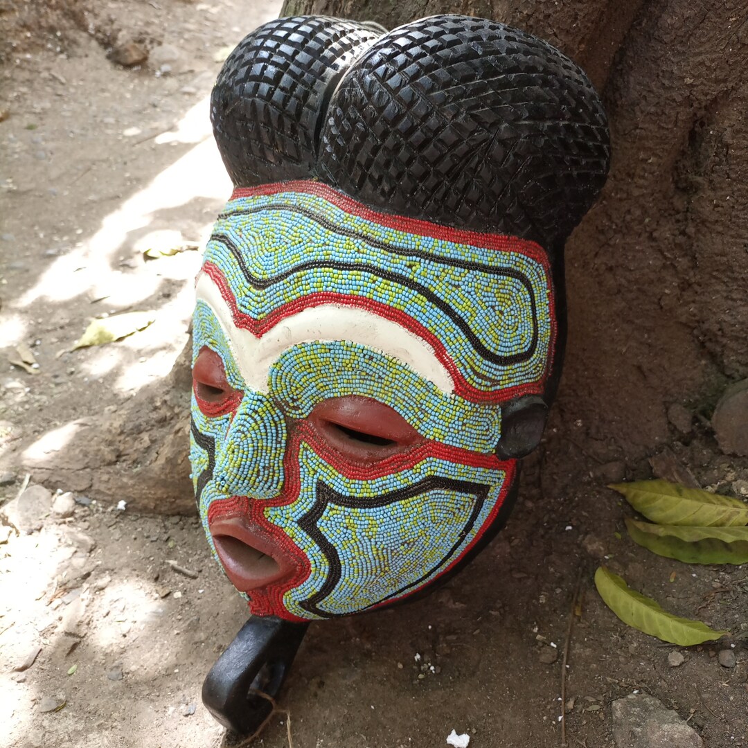 Vintage Congo Beaded Punu Tribe Striped Mask African Large Original ...