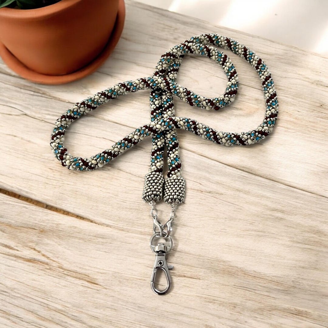 Beaded Rope Lanyard in Silver Blue Cream and Brown ID Badge Holder ...