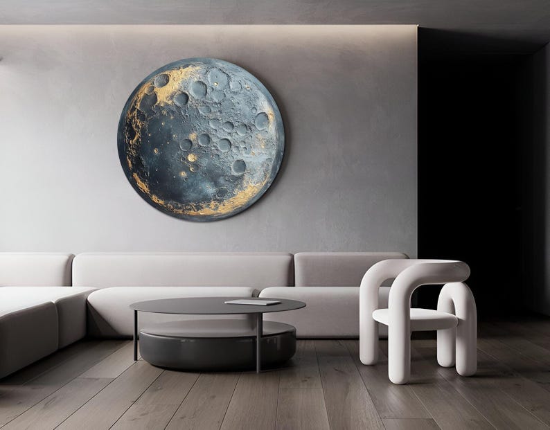 Moon 3D Art for Living Room Plaster Sculpture Wall Art Arge Round Black ...