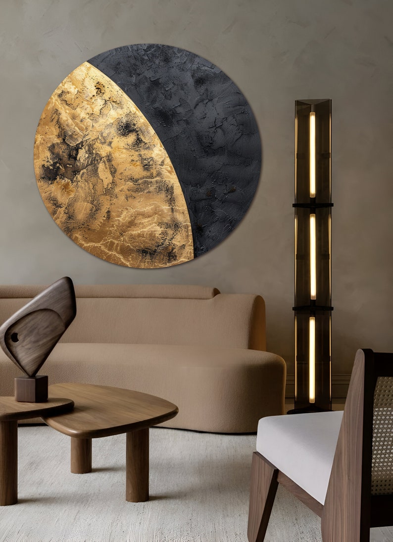 Minimalist Abstract Black Round Painting Textured Art on Canvas Large ...