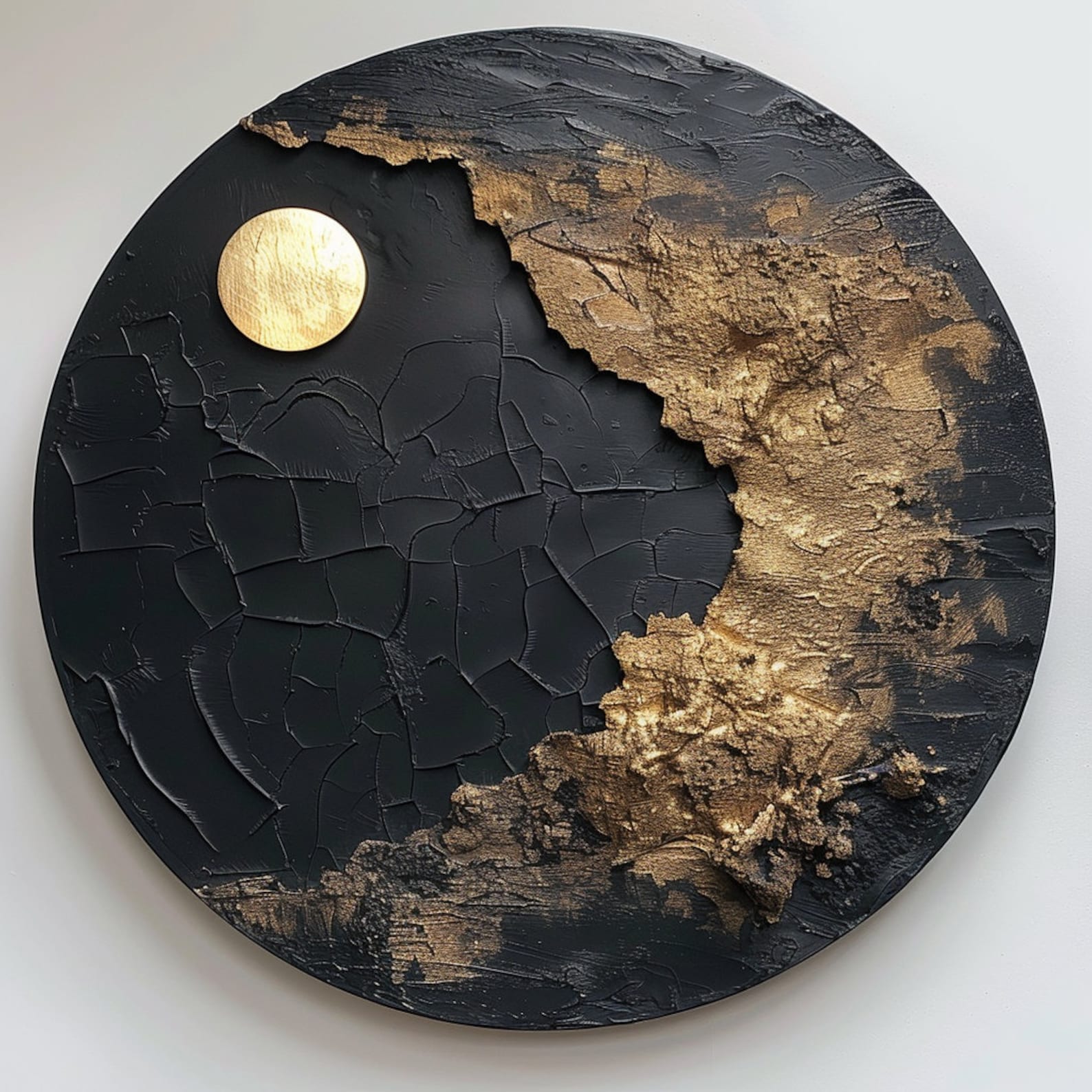 Black Textured Wall Art Moon Painting Black Circle Art Black Gold ...