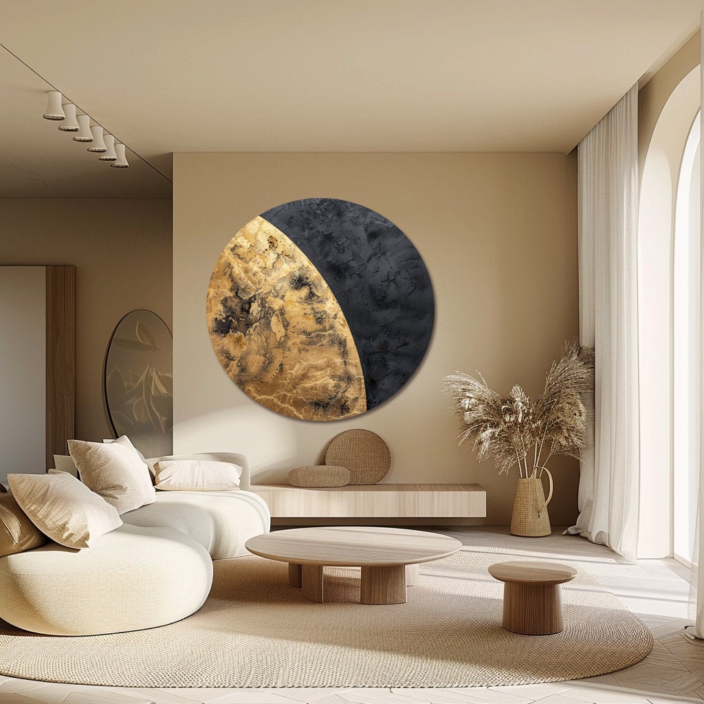 Minimalist Abstract Black Round Painting Textured Art on Canvas Large ...