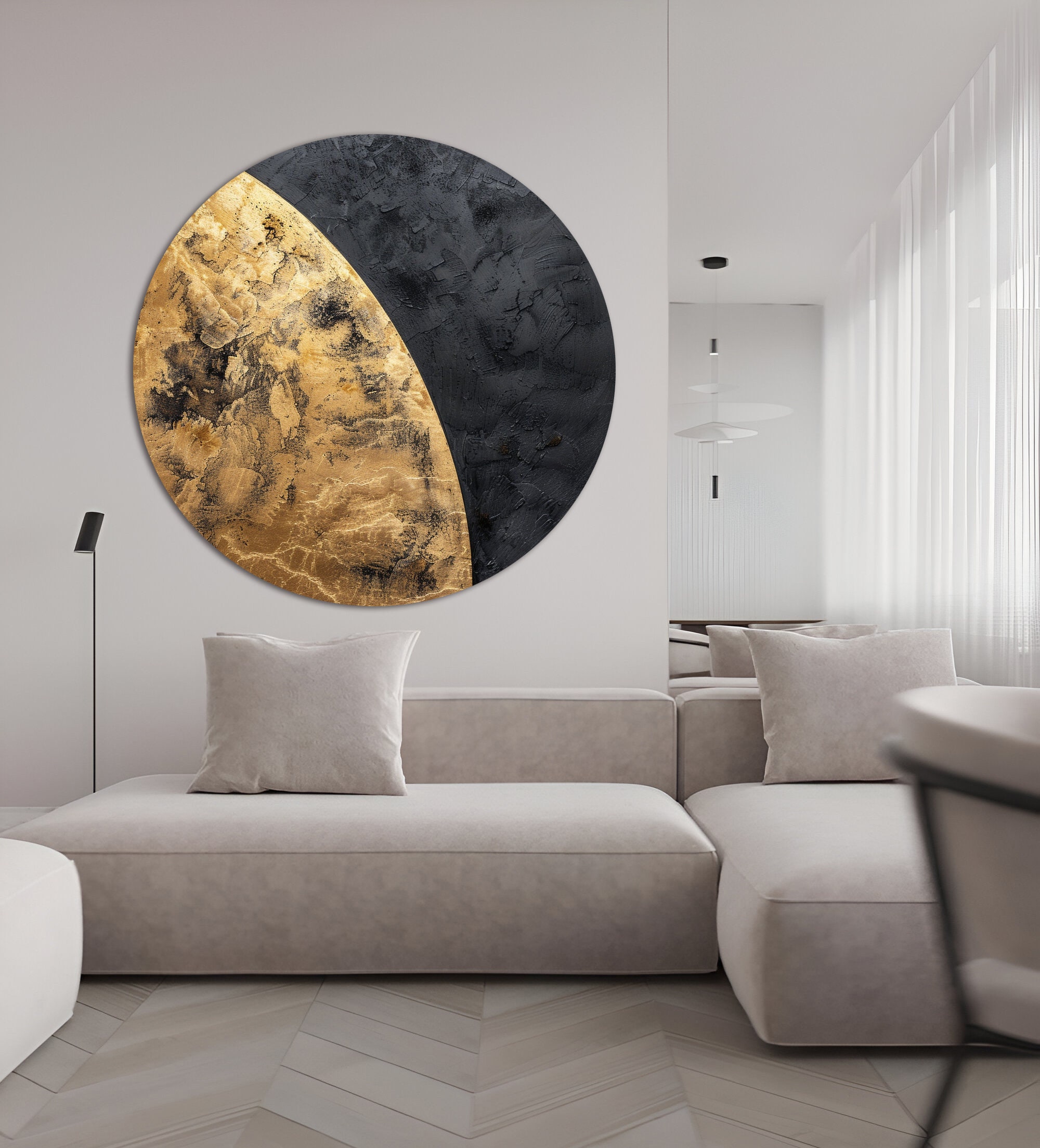 Minimalist Abstract Black Round Painting Textured Art on Canvas Large ...