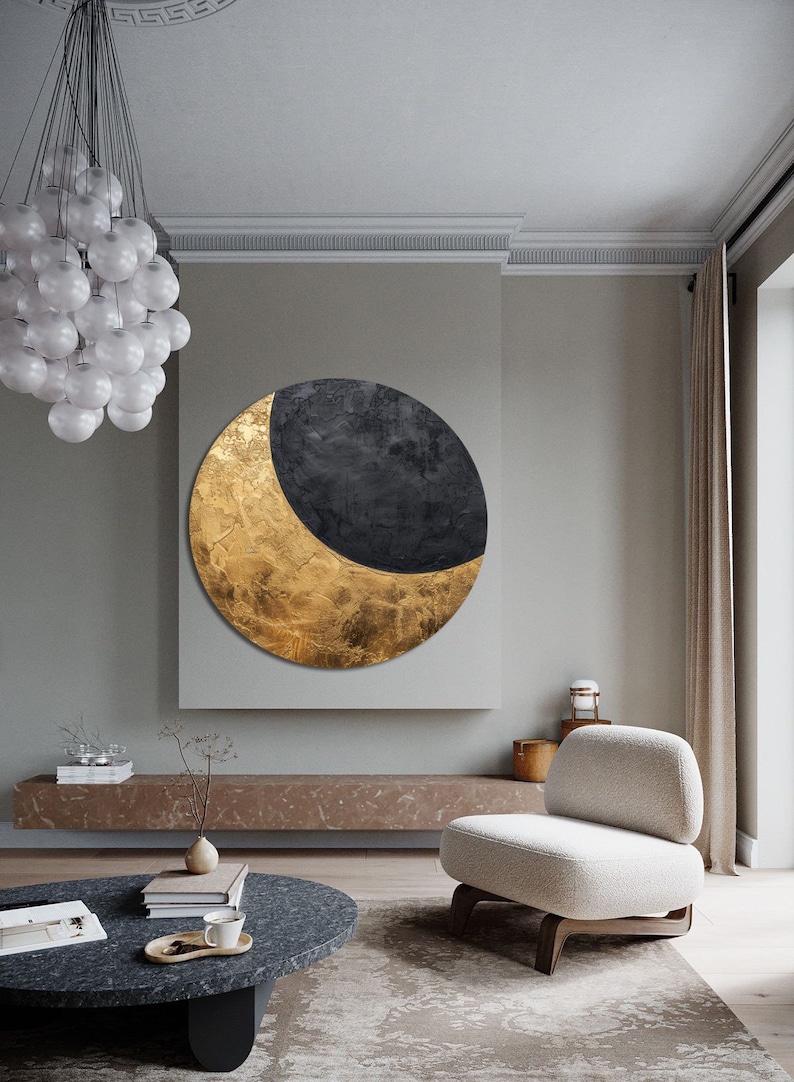 Moon Art Circular Plaster Wall Art Sculptural Round 3D Artwork Black ...
