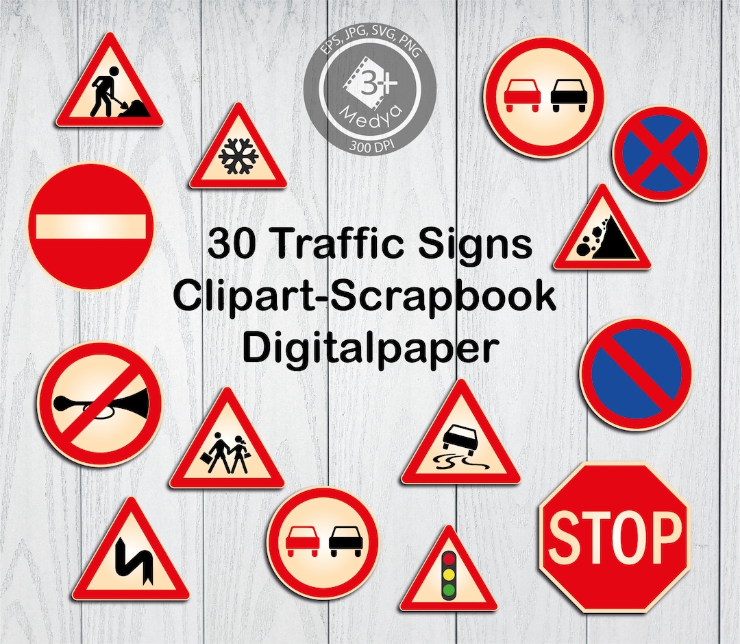 30 Traffic Sign Clipart. Road Signs Bundle Digitalpaper. Traffic ...