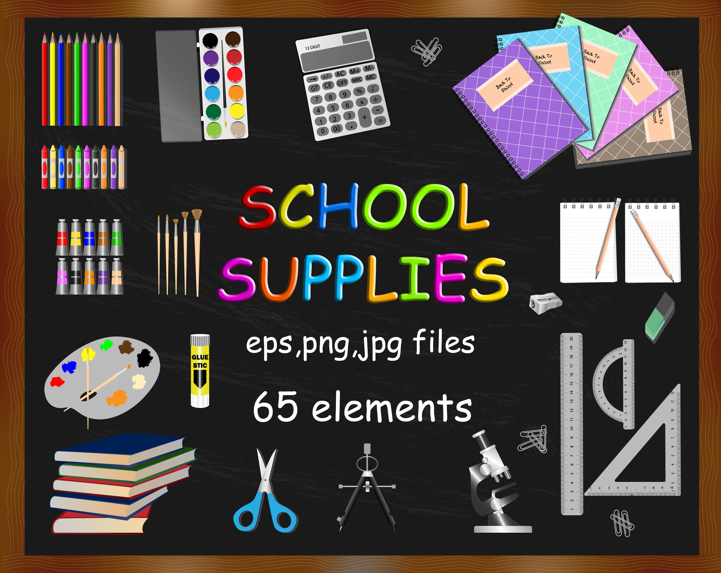 School Accessories PNG Clipart and Eps vector files stationery | Etsy