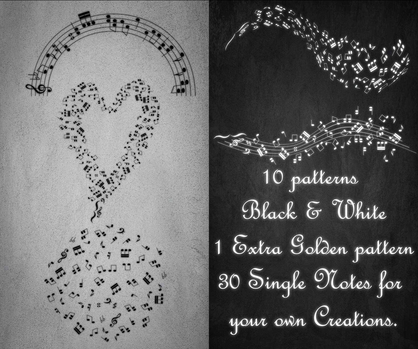 21 Music Notes Pattern Overlays, 30 Single Notes Black and White Colors ...