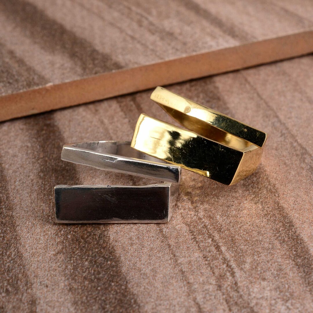 Gold Double Bar Ring, Brass Thick Two Line Ring, Flat Bar Ring ...