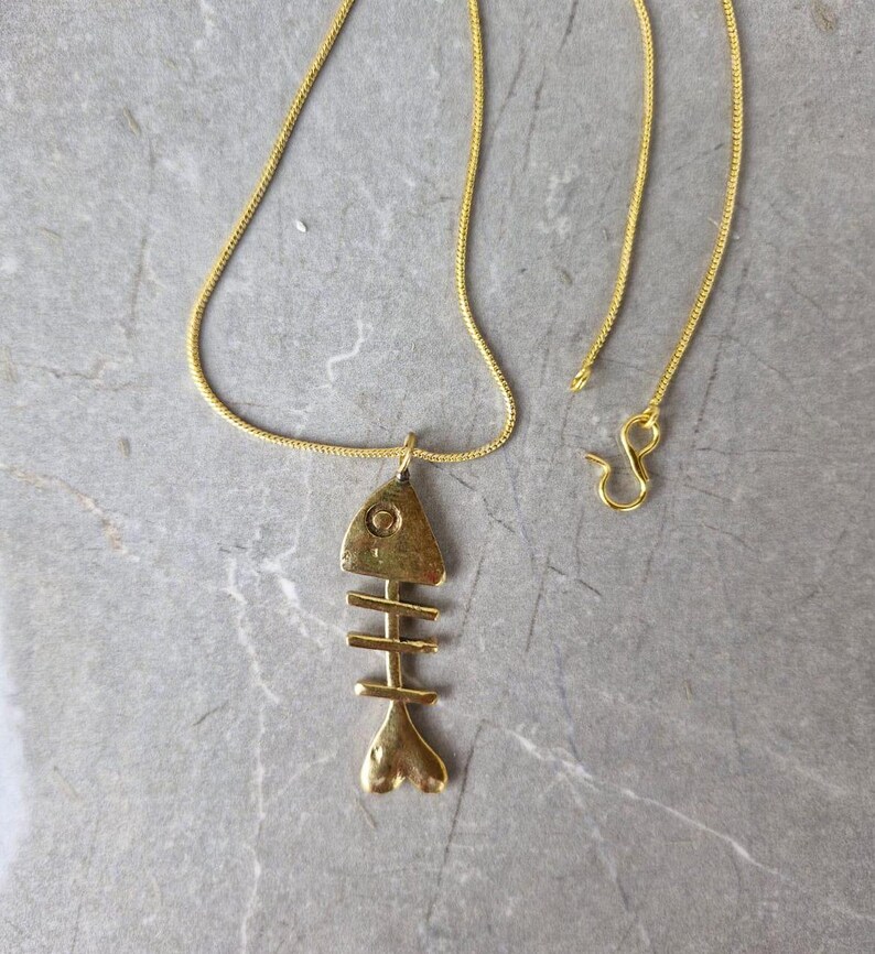 Dainty Gold Fishbone Necklace: Brass Fish Skeleton Pendant, Gift for ...