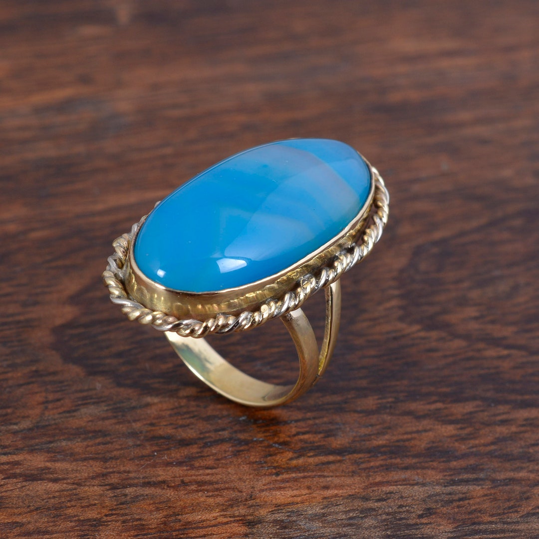 Blue Hemimorphite Ring, Brass Ring, Blue Gemstone Ring, Big Oval Ring ...