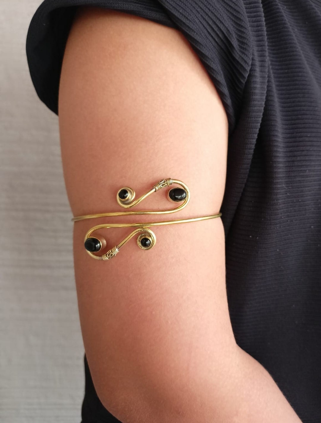 Gold Black Obsidian Upper Arm Cuff Arm Band Spiral Handmade Made of ...