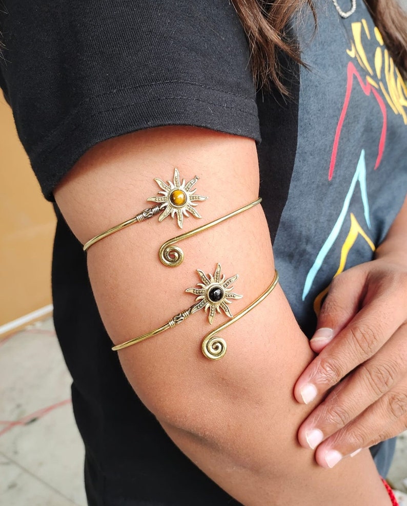 Gold Sunburst Arm Cuff: Brass Boho Gemstone Upper Arm Bracelet - Etsy