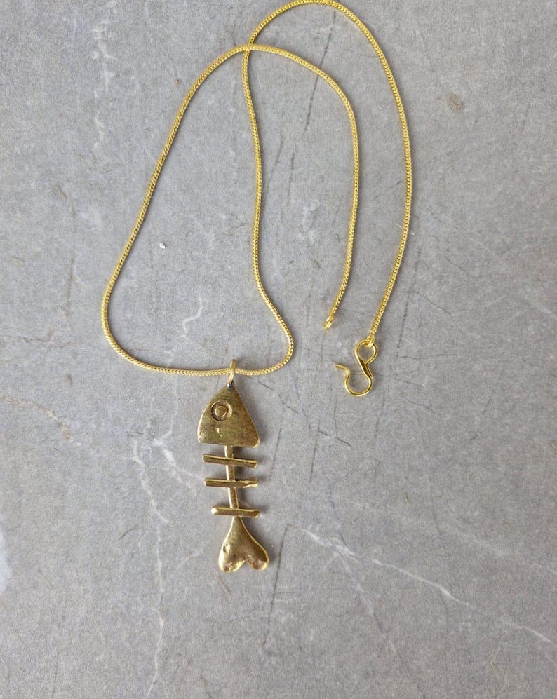 Dainty Gold Fishbone Necklace: Brass Fish Skeleton Pendant, Gift for ...