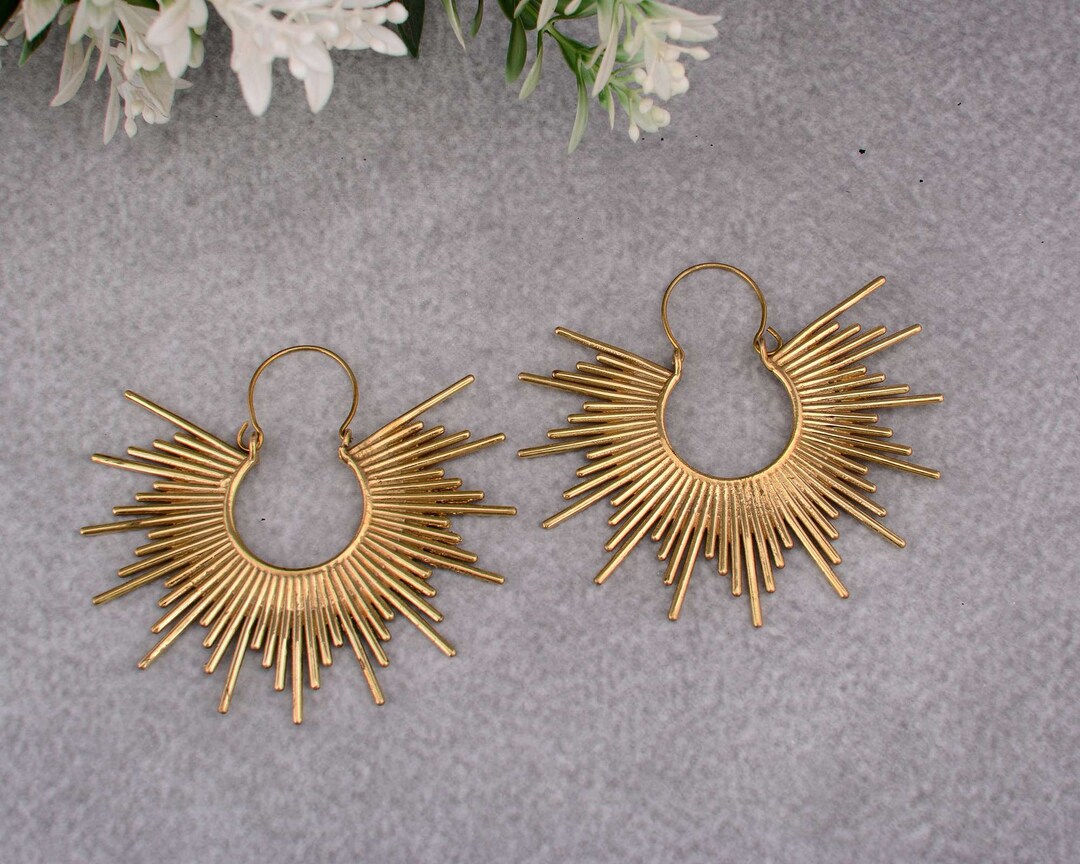 Large Sunburst Hoop Earrings. Gold Brass Earrings. Geometric, Modern ...