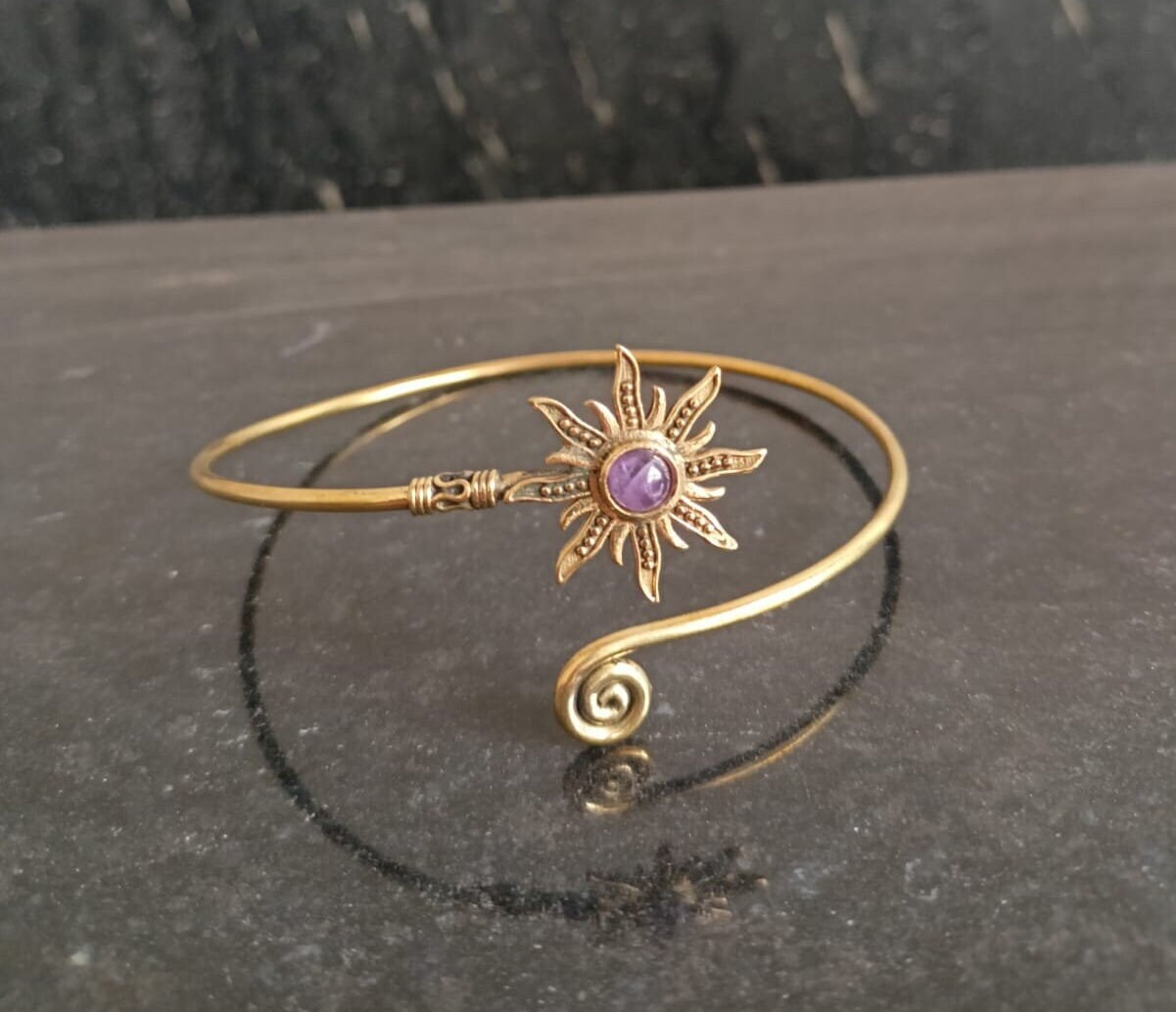 Gold Sunburst Arm Cuff: Amethyst Boho Brass Upper Armlet - Etsy
